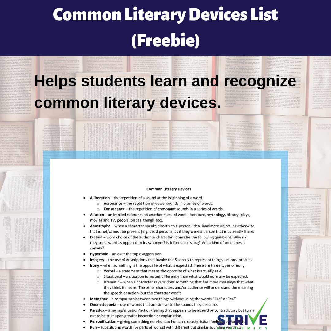 Common Literary Devices List Freebie TpT Intsa - Strive Academics